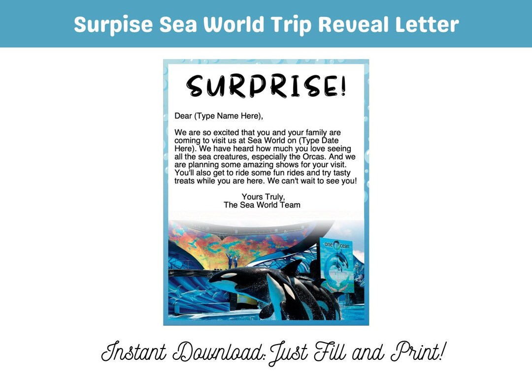 Editable Sea World Theme Park Surprise Letter, INSTANT DOWNLOAD ...