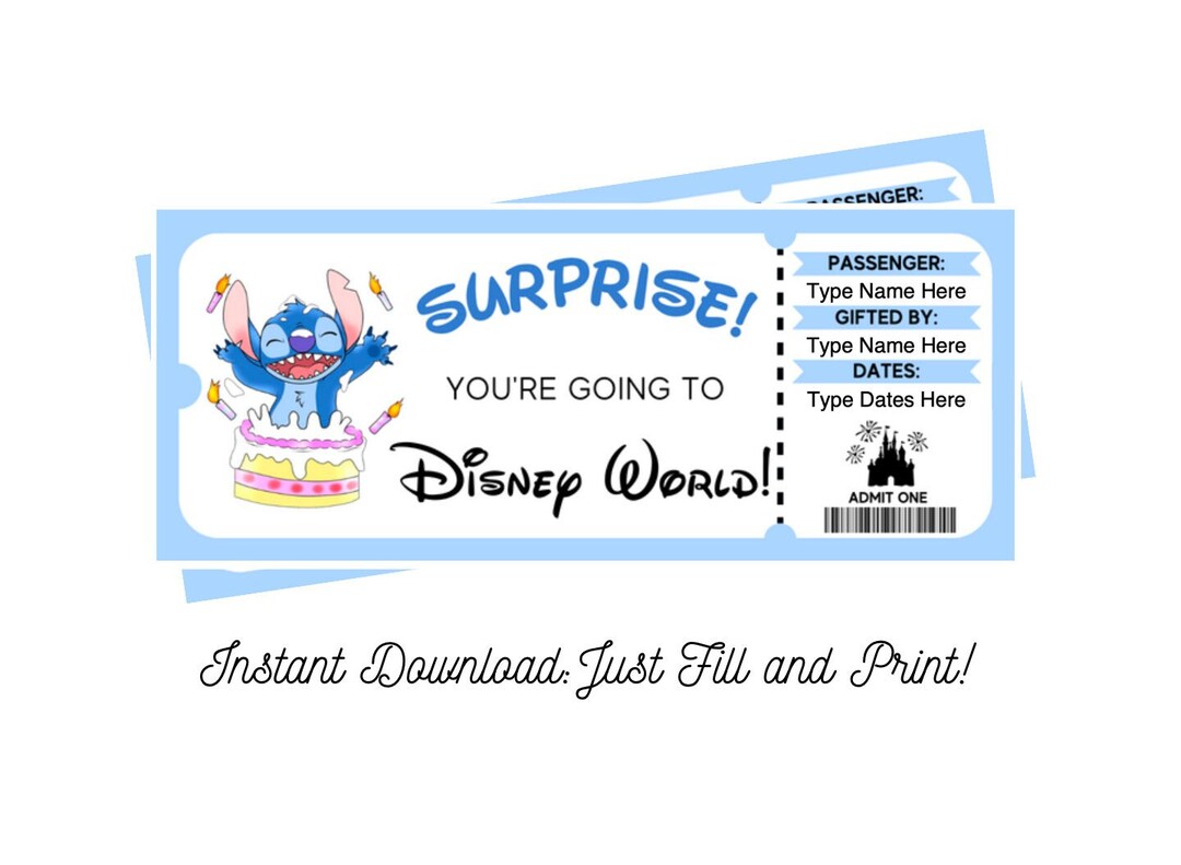 Stitch Surprise Tickets Florida Theme Park Printable and Editable ...