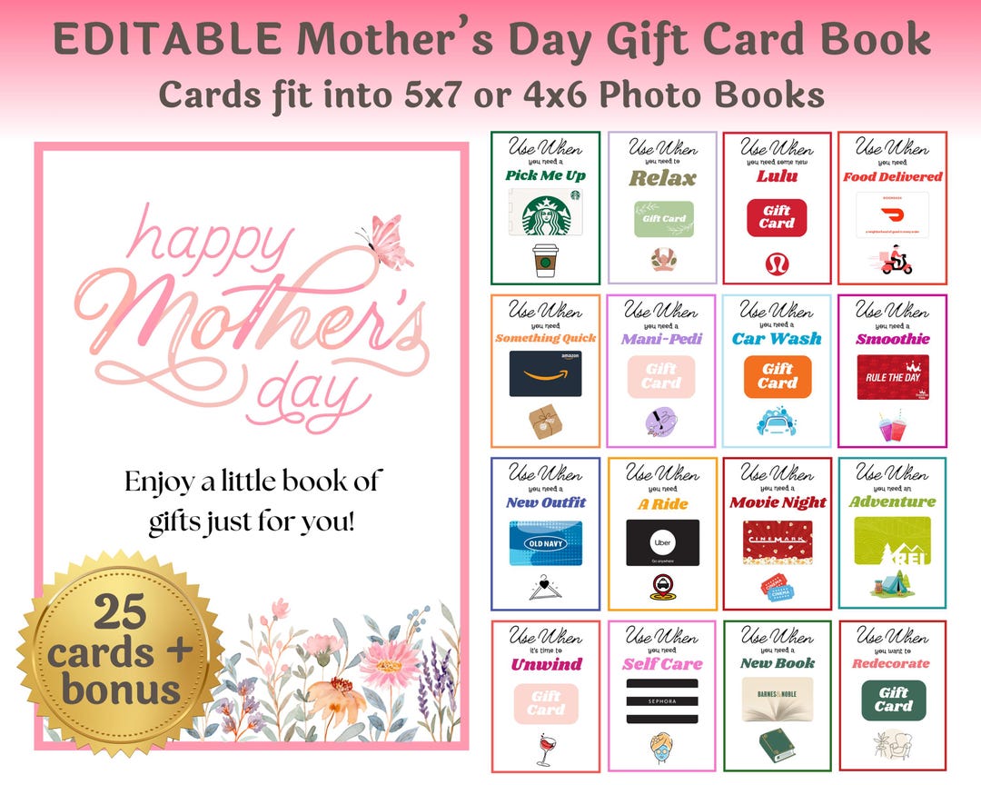Editable Mother's Day Gift Card Book for Mom Gift Card Holder Last ...