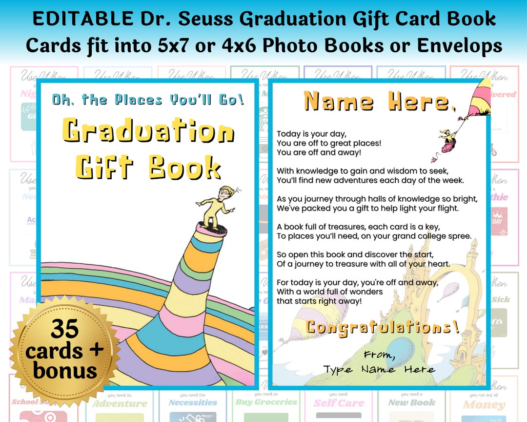 Editable Places You'll Go Graduation Gift Card Book Gift for Grad Gift ...