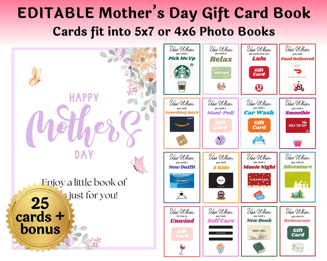 Editable Mother's Day Gift Card Book for Mom Gift Card Holder Last ...