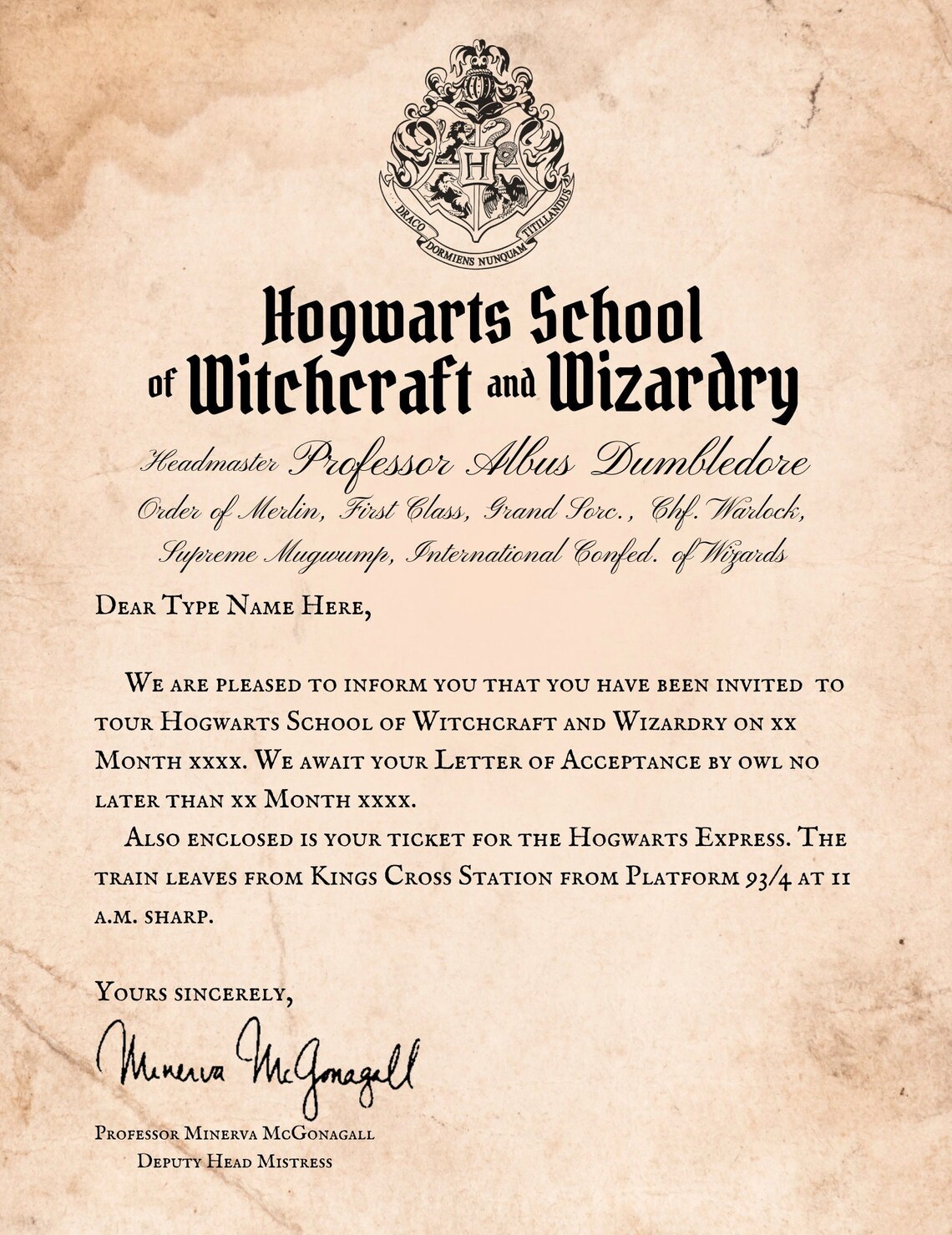 Editable Wizard School Acceptance Letter Train Ticket Trip Reveal ...