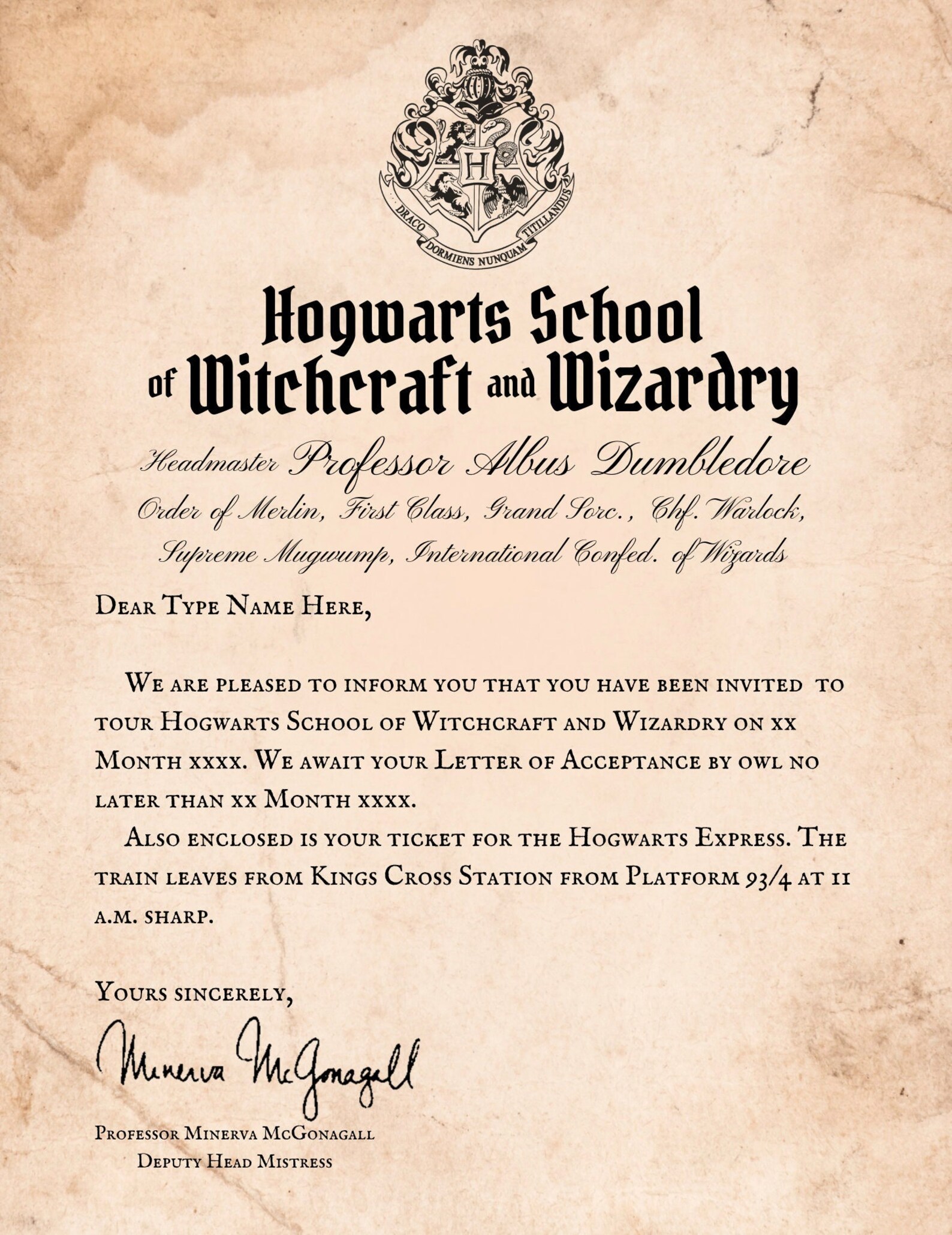 Editable Wizard School Acceptance Letter Train Ticket Trip Reveal ...