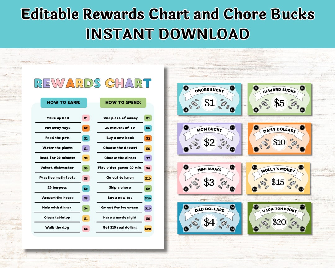 Editable Rewards Coupons for Kids Chore Bucks Play Money Rewards System ...