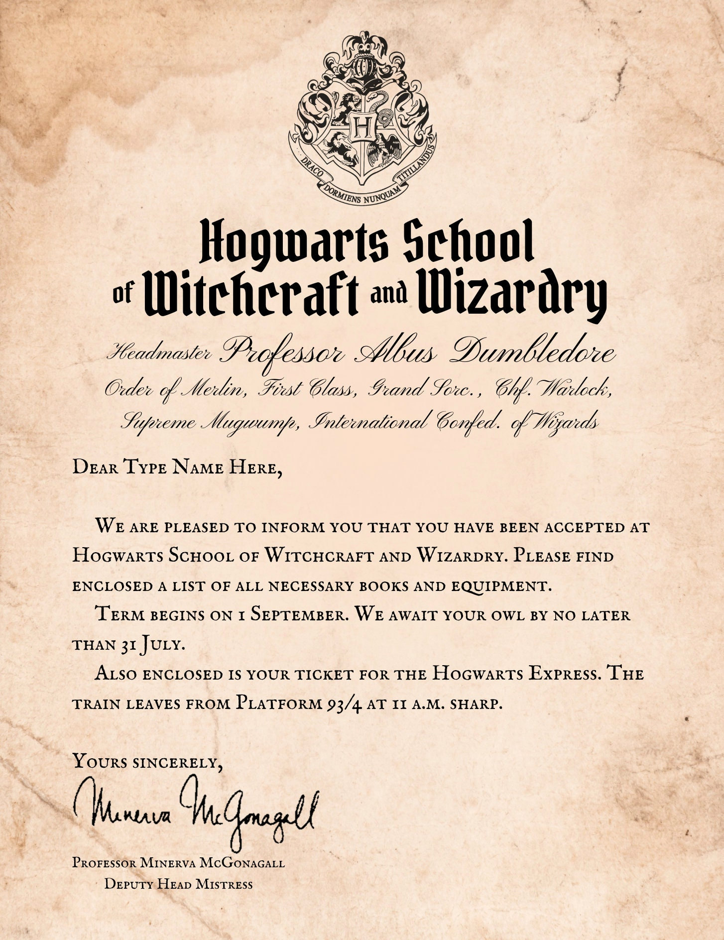 Editable Wizard School Acceptance Letter Train Ticket Trip Reveal ...