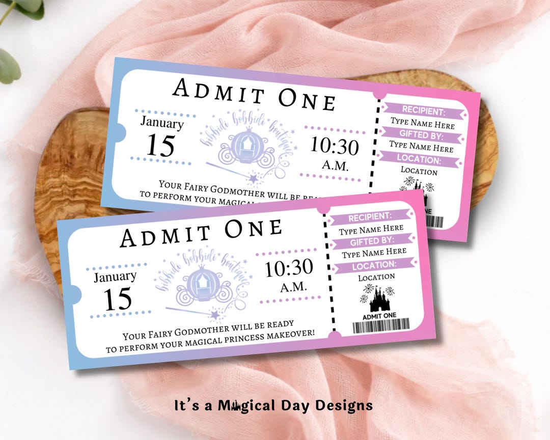Customizable Bibbidi Bobbidi Boutique Gift Ticket, Princess Makeover ...