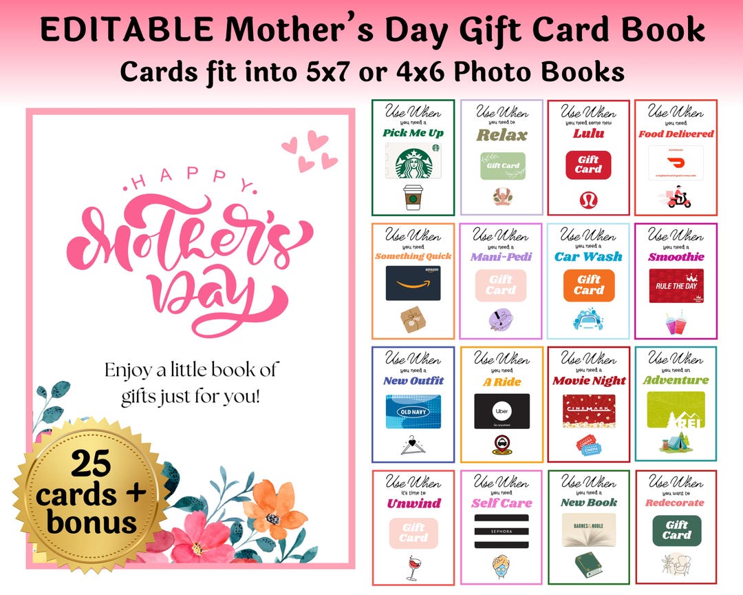 Editable Mother's Day Gift Card Book for Mom Gift Card Holder Last ...