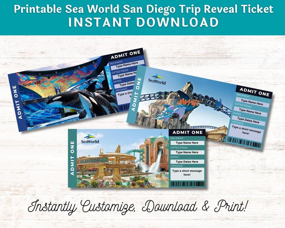Editable Sea World California Theme Park Surprise Ticket Gift for Kids ...