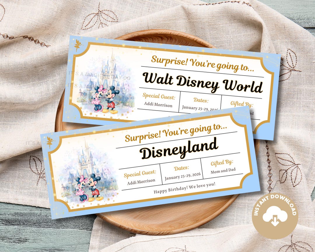 Mickey Trip Reveal Editable Theme Park Tickets Gift for Kids Vacation ...