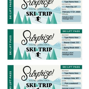 Editable Ski Trip Reveal Ticket, Ski Lift Pass, Customizable Instant ...