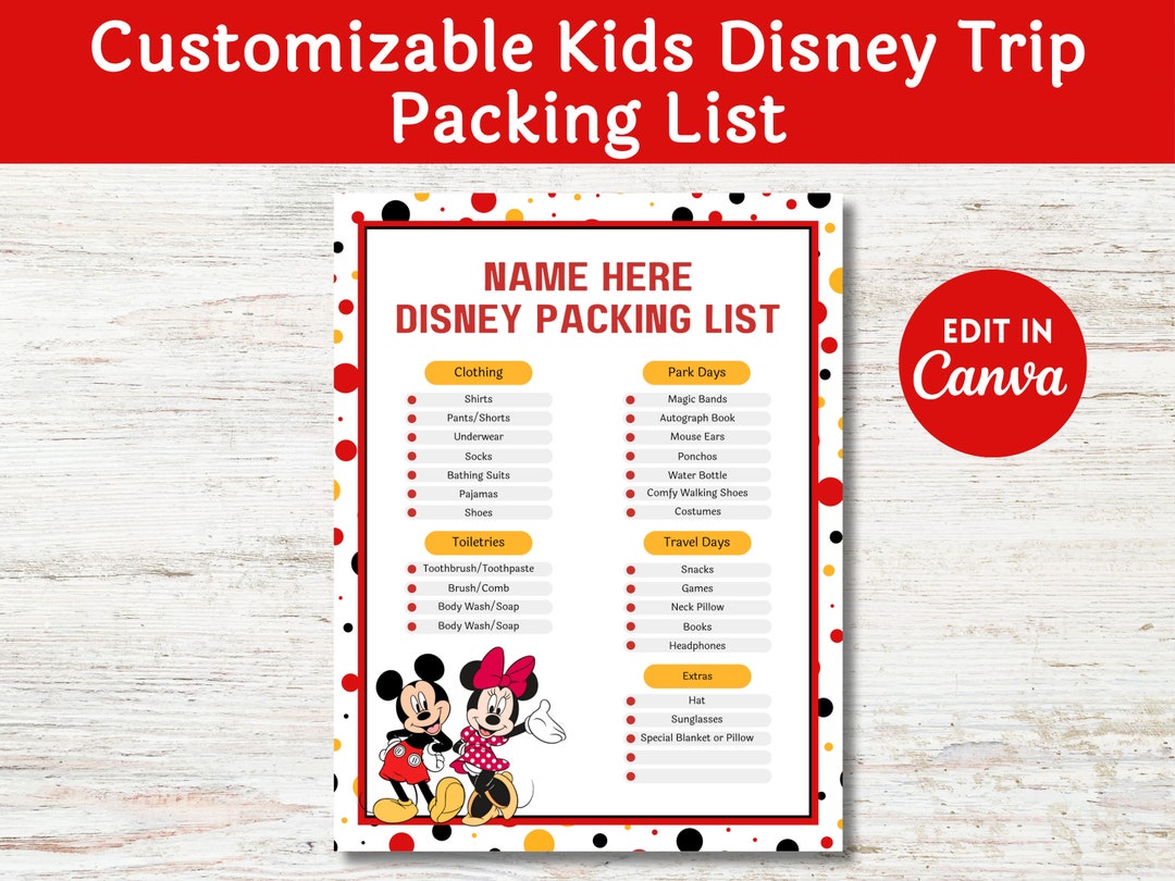 Mickey and Minnie Kids Packing List Customizable With Kids or Family ...