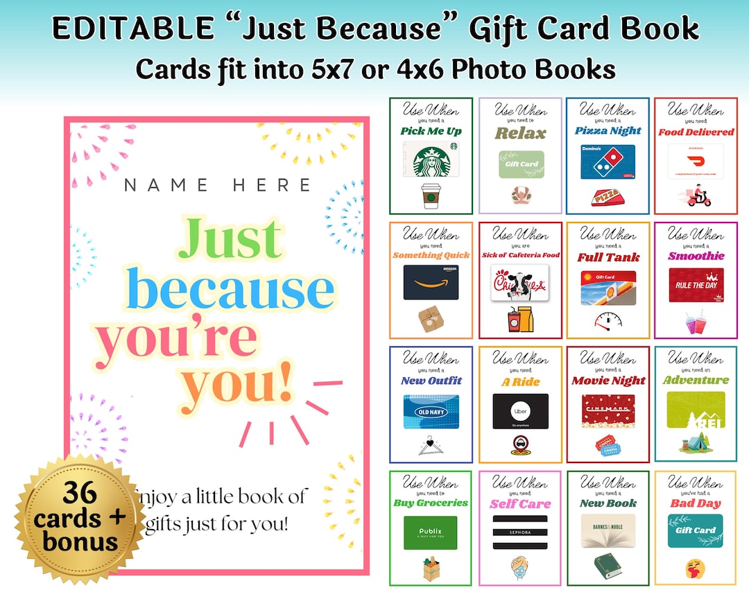 Editable Just Because Gift Card Book Last Minute Gift Child Teen or ...