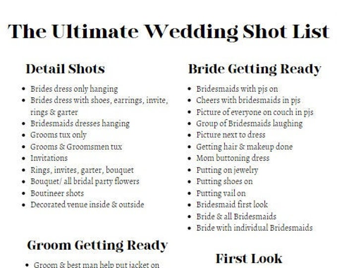 The Ultimate Wedding Photographer Shot List - Etsy