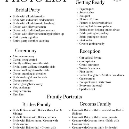 Wedding Photography Shot List - Etsy
