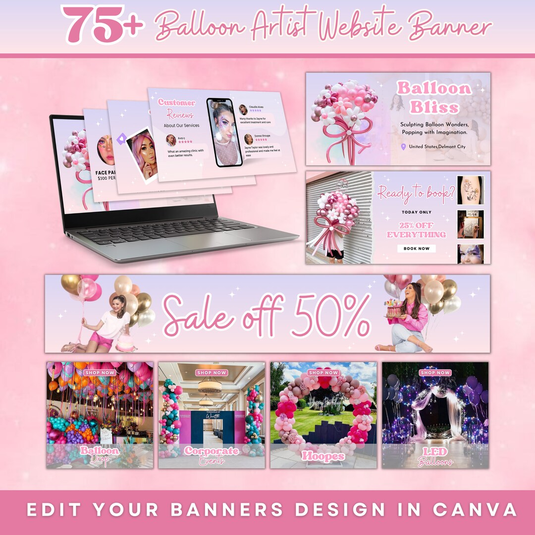 Balloon Website Banner, Shopify Banner, Website Banner Template, DIY ...