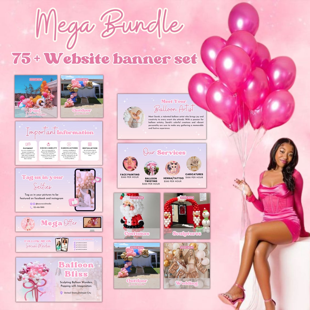 Balloon Website Banner, Shopify Banner, Website Banner Template, DIY Website Banner,pre-made ...