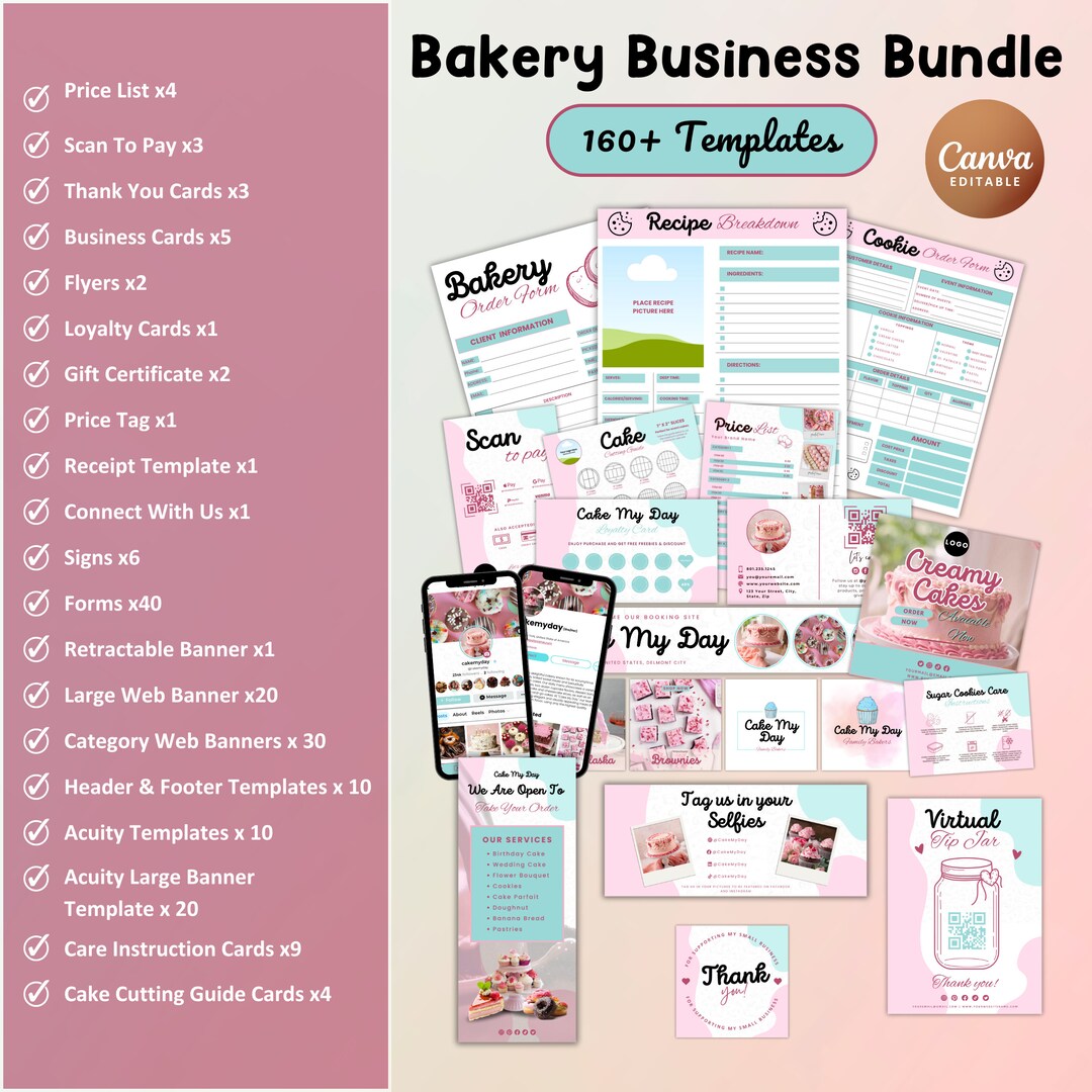 Bakery Business Forms Bundle, Printable Canva Template, Cake Care Card ...