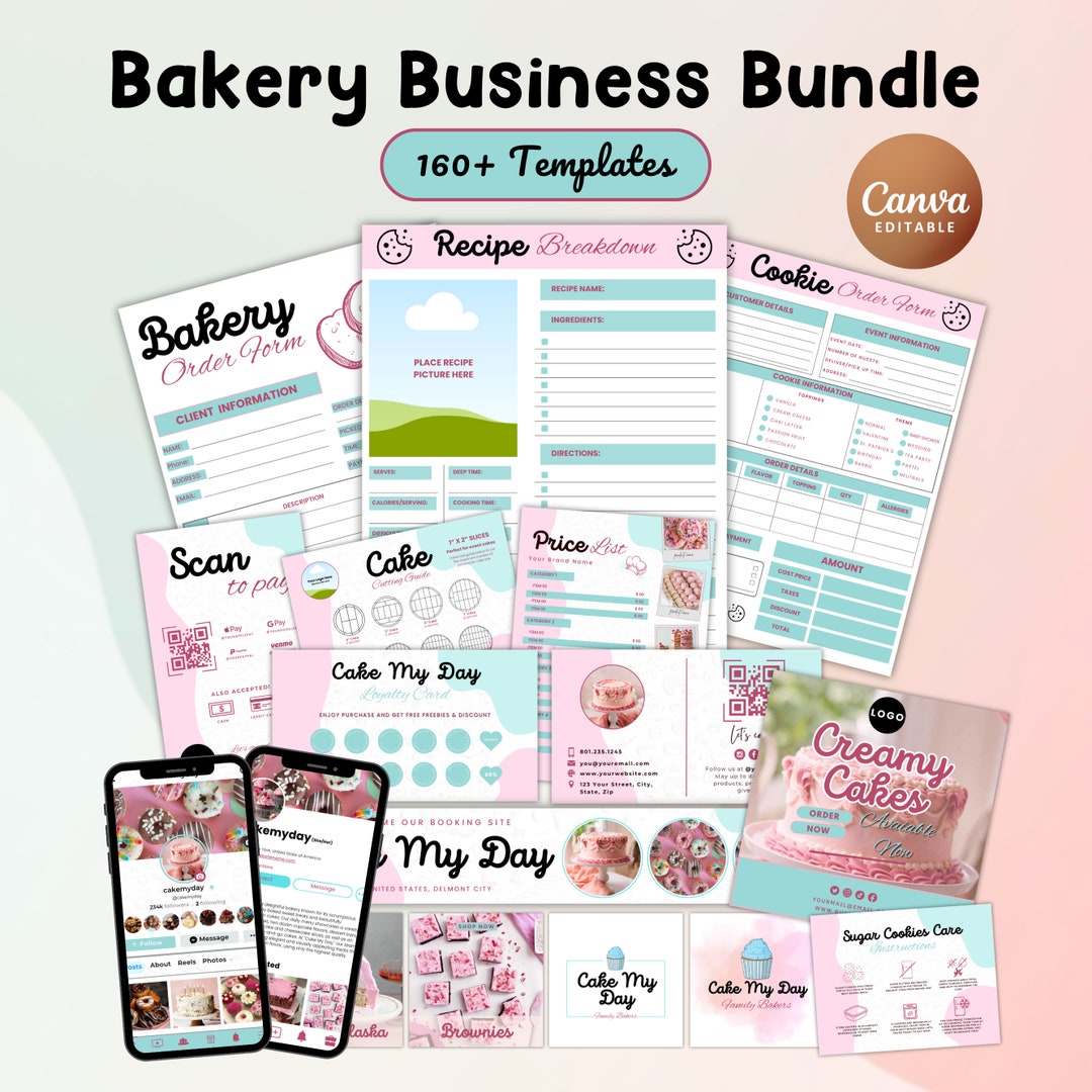 Bakery Business Forms Bundle, Printable Canva Template, Cake Care Card ...