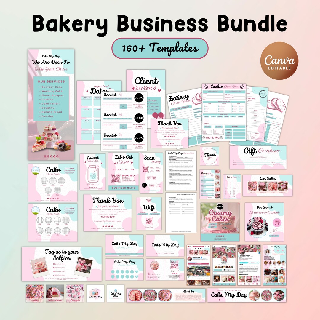 Bakery Business Forms Bundle, Printable Canva Template, Cake Care Card ...