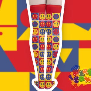 Kidcore Smiley Face Blocks Thigh High Stockings Clowncore Aesthetic ...