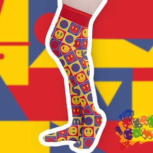 Kidcore Smiley Face Blocks Thigh High Stockings Clowncore Aesthetic ...