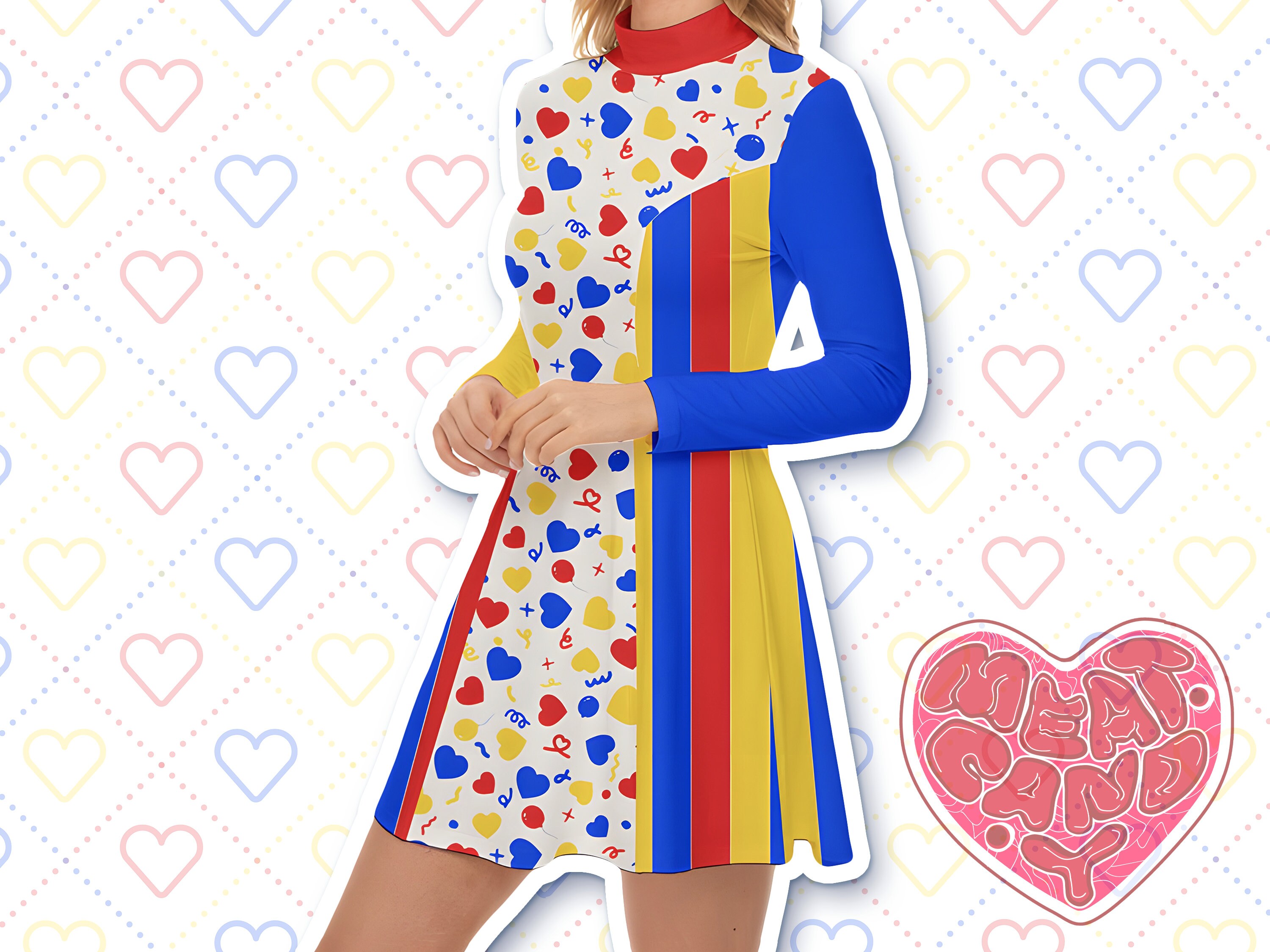 Clowncore Primary Color Heart Confetti Velour Dress Bright Colorful ...