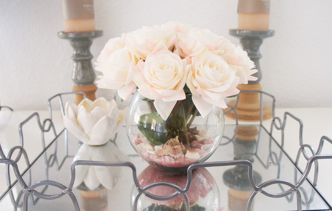 Real Touch Cream Roses Arrangement in Vase, Artificial Flowers Faux ...