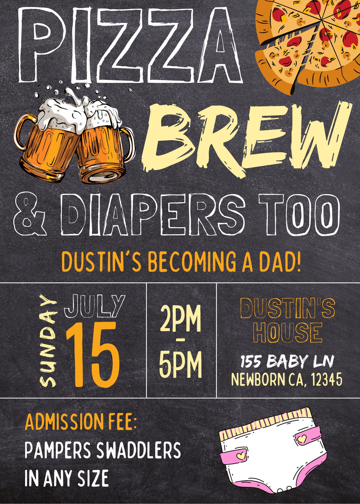 Editable Pizza, Brew, and Diapers Too Guy Baby Shower Invitation ...