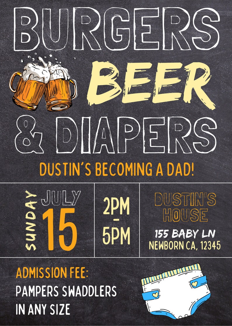 Editable Burgers, Beer, and Diapers Guy Baby Shower Invitation Digital ...