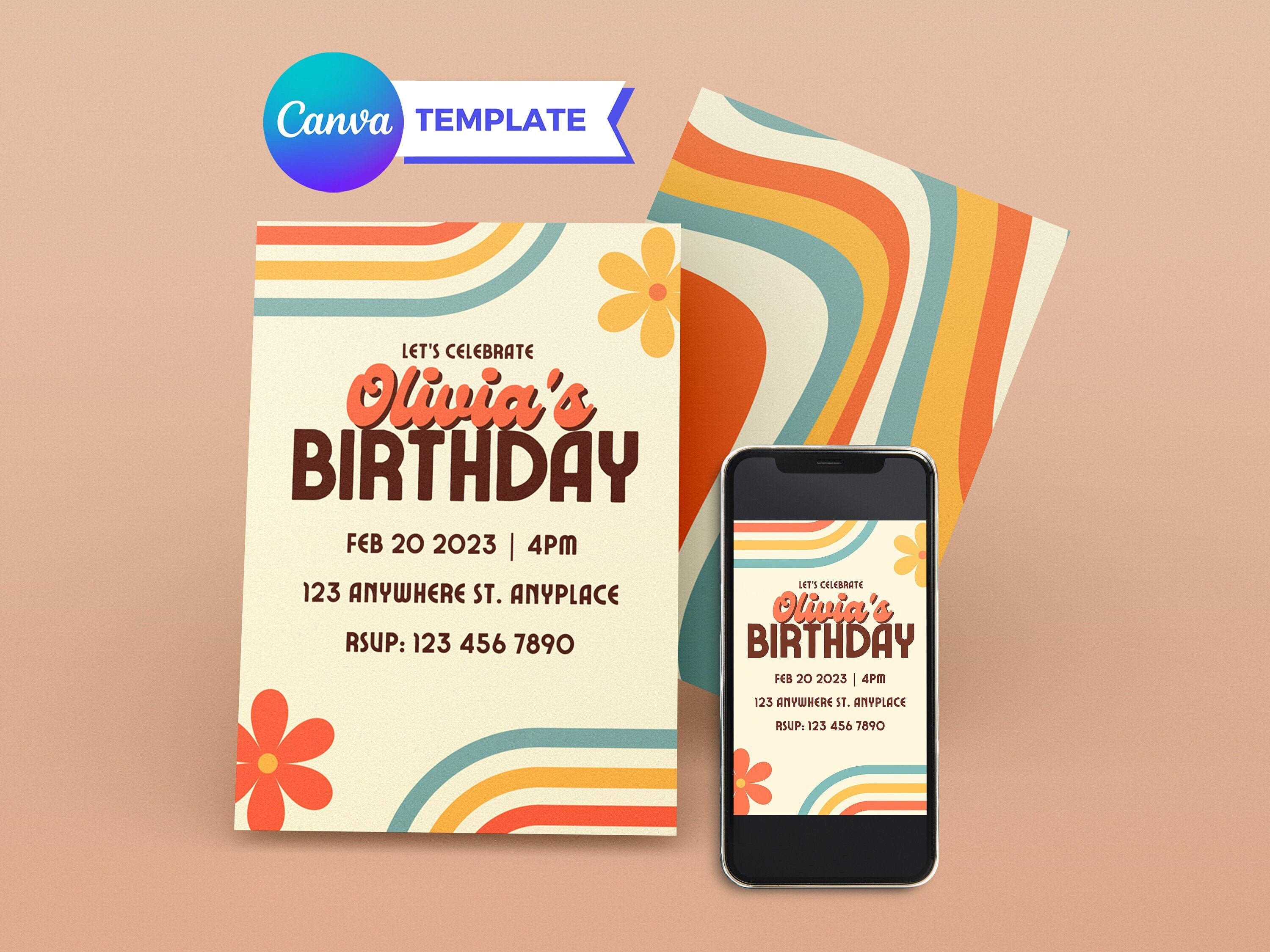 Editable 70s Retro Groovy Birthday Invitation, Canva Printable Download ...