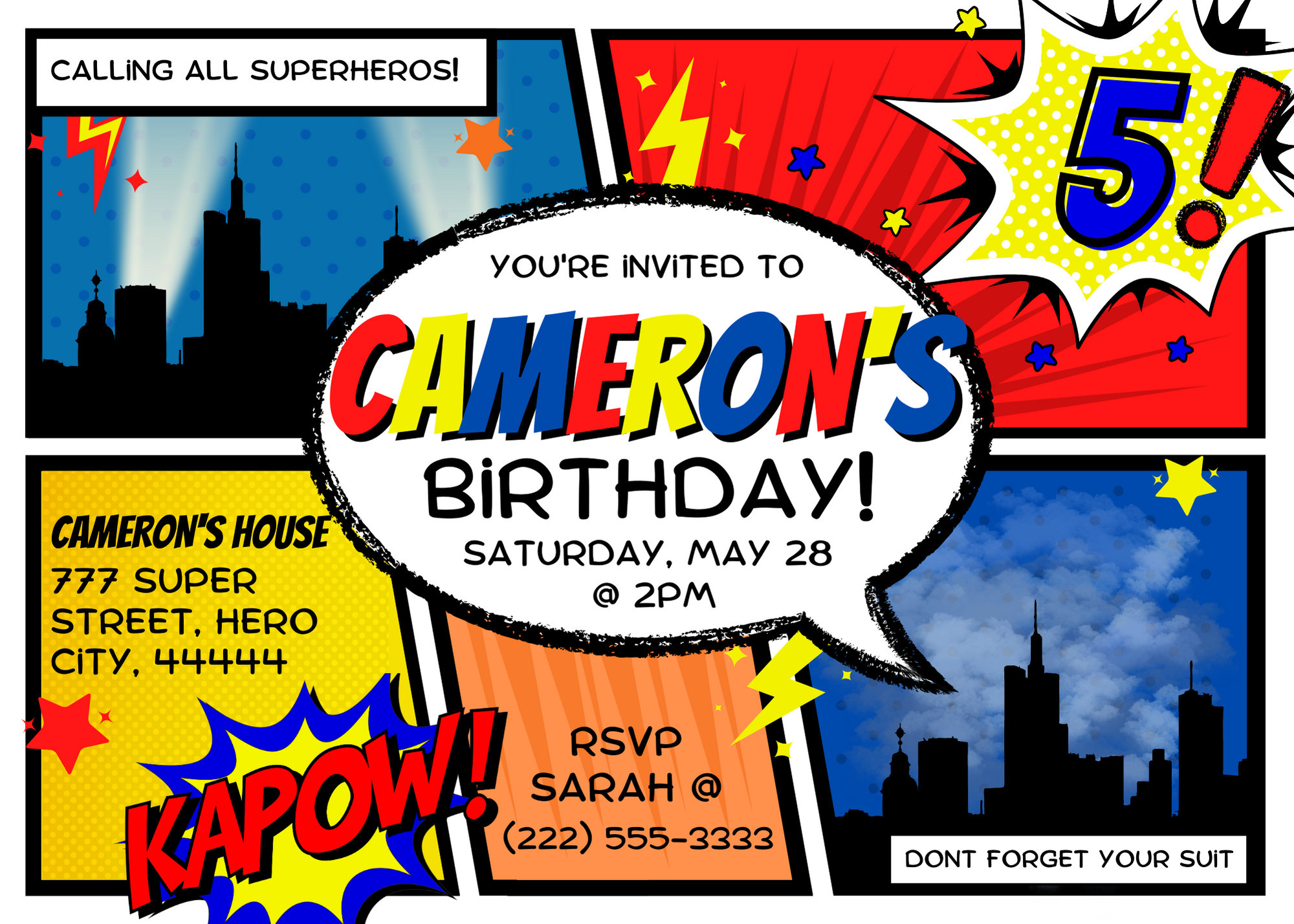 Editable in Canva Superhero, Comic Book, Boy, Birthday Invitations With ...