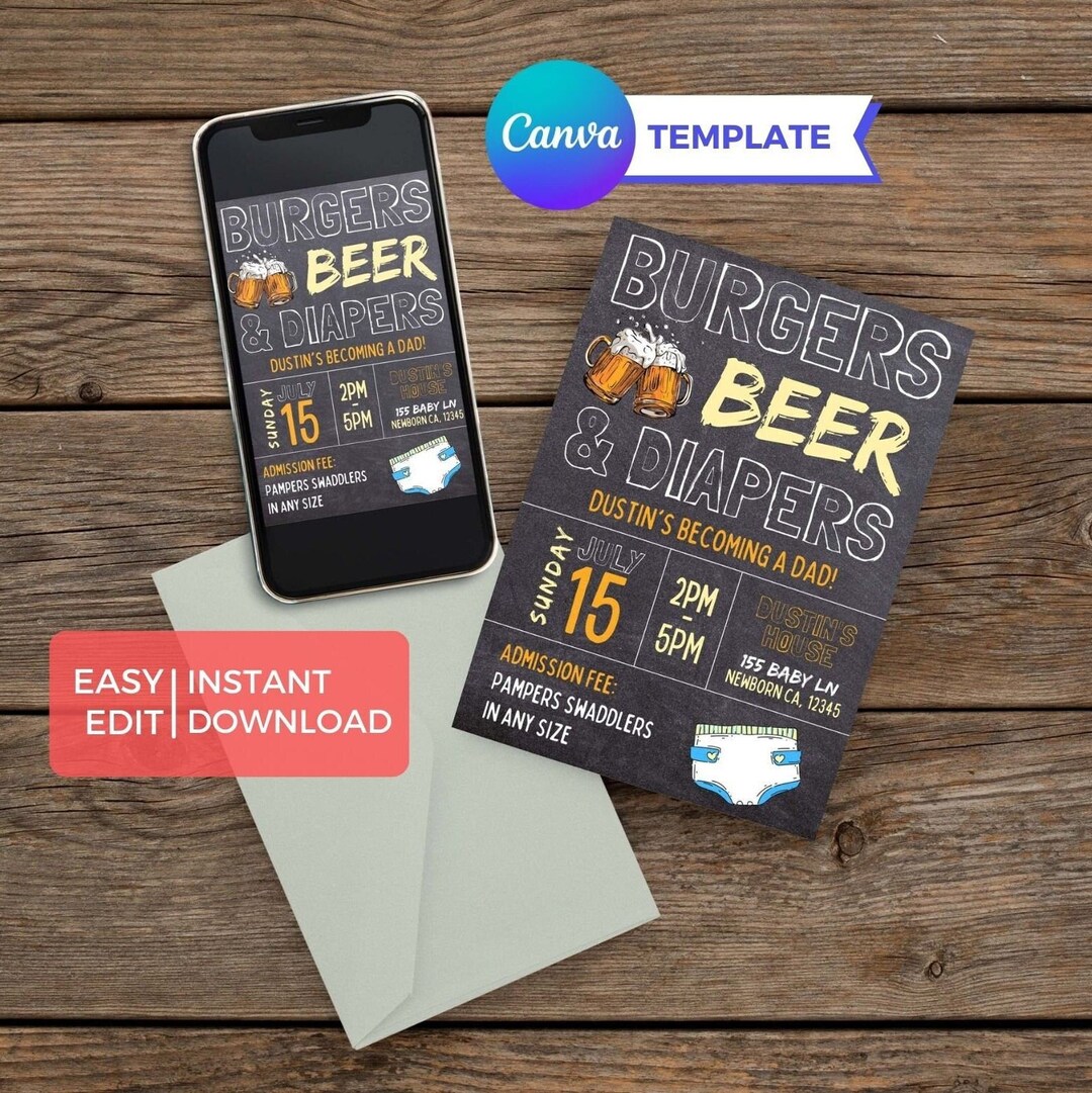 Editable Burgers, Beer, and Diapers Guy Baby Shower Invitation Digital ...