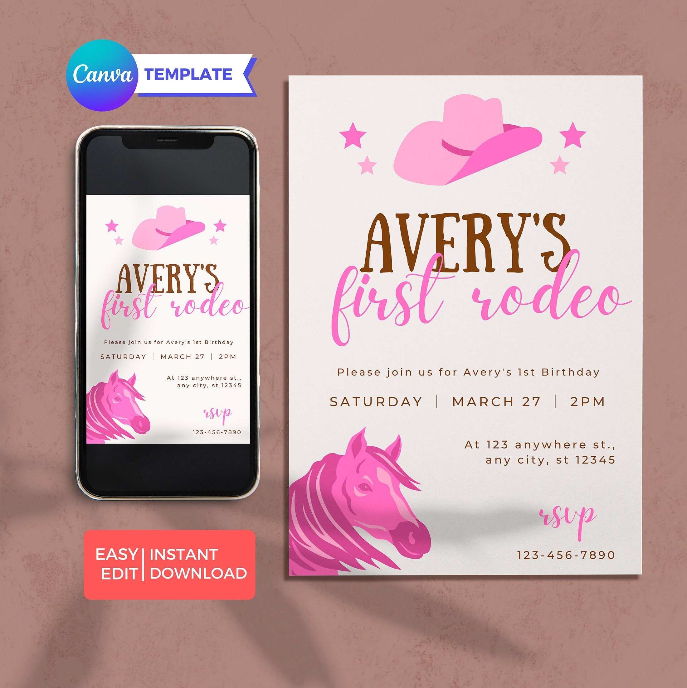 Editable Rodeo 1st Birthday Invitation for Girl, Pink Rodeo Invite ...