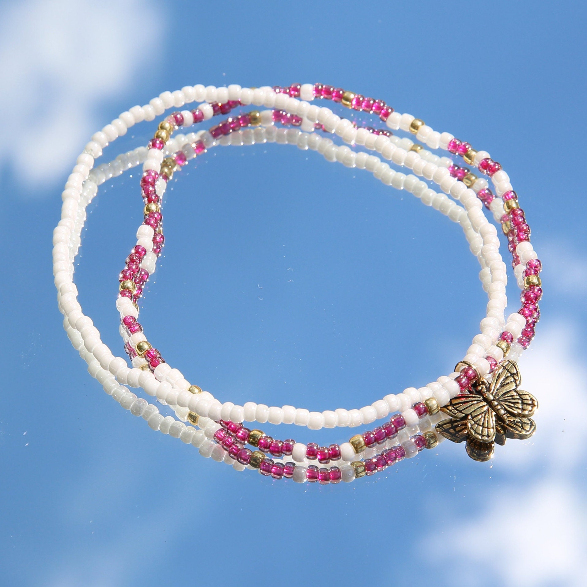 Stretchy Beaded Butterfly Anklet, Pink White Glass Beads, Beach Jewelry ...