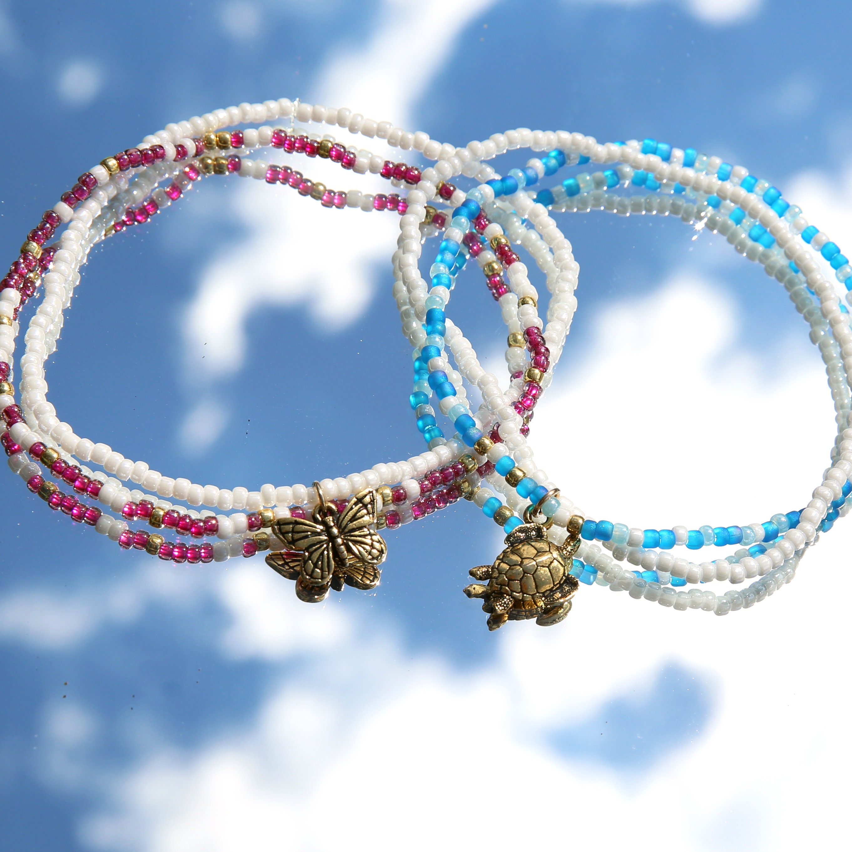 Stretchy Beaded Butterfly Anklet, Pink White Glass Beads, Beach Jewelry ...