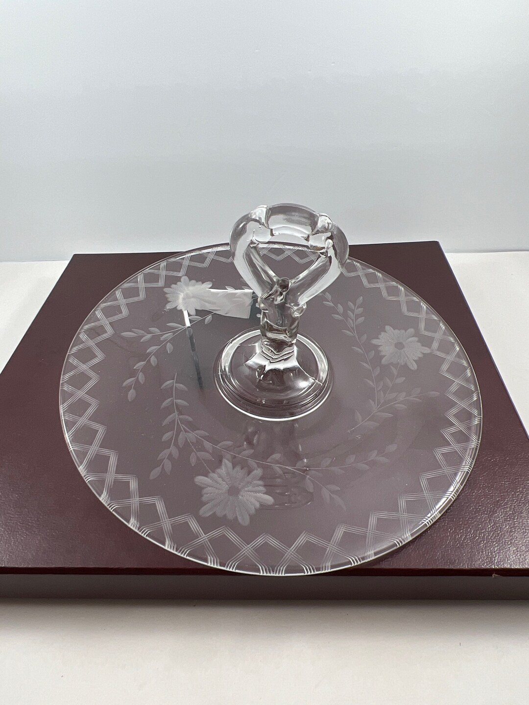 Glass Serving Tray, Etched, Floral Pattern With Center Handle, Round ...