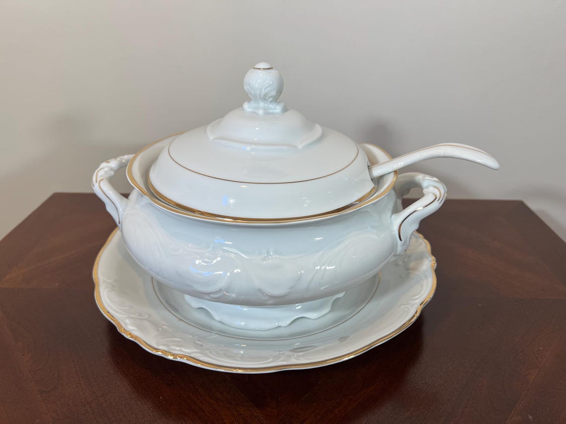 Vintage Tureen With Lid Ladle & Underplate, White Stew Soup Bowl ...