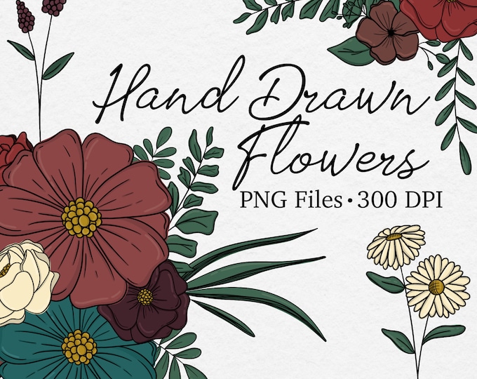 BIG SET 44 Hand Drawn Flowers Clipart, Flower Element, Flower ...