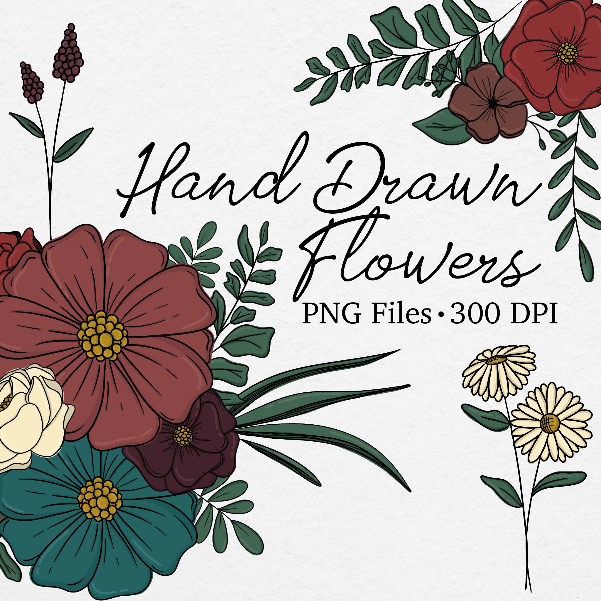 Hand Drawn Flowers Clip Art/ Flowers PNG Files - Etsy