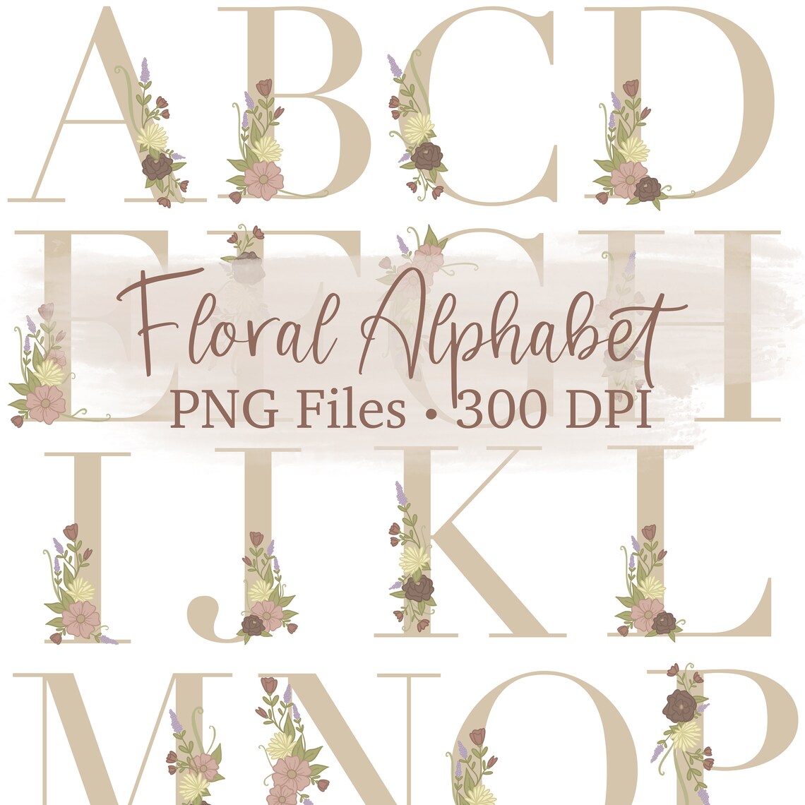 Floral Alphabet Clip Art Files/ Neutral Flowers Alphabet PNG | Etsy