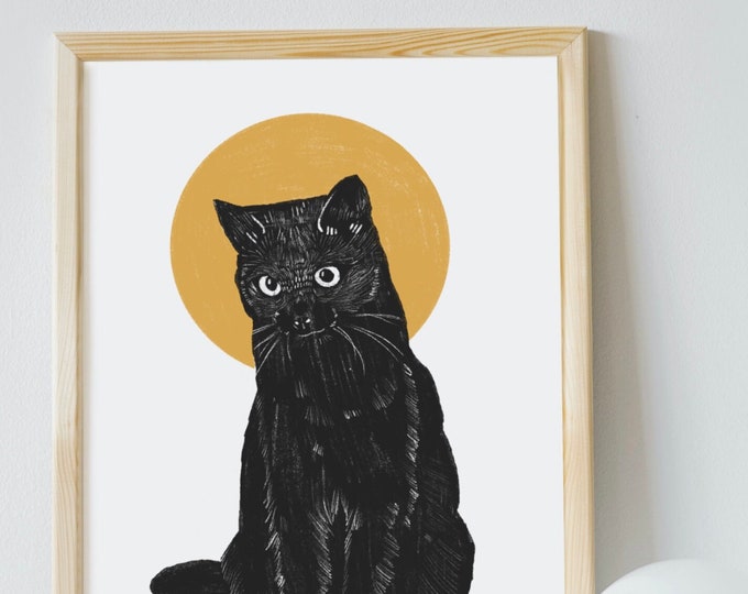 Snoozing Black Cat. Gorgeous Hand Printed Linocut of a Cat Dozing on a ...