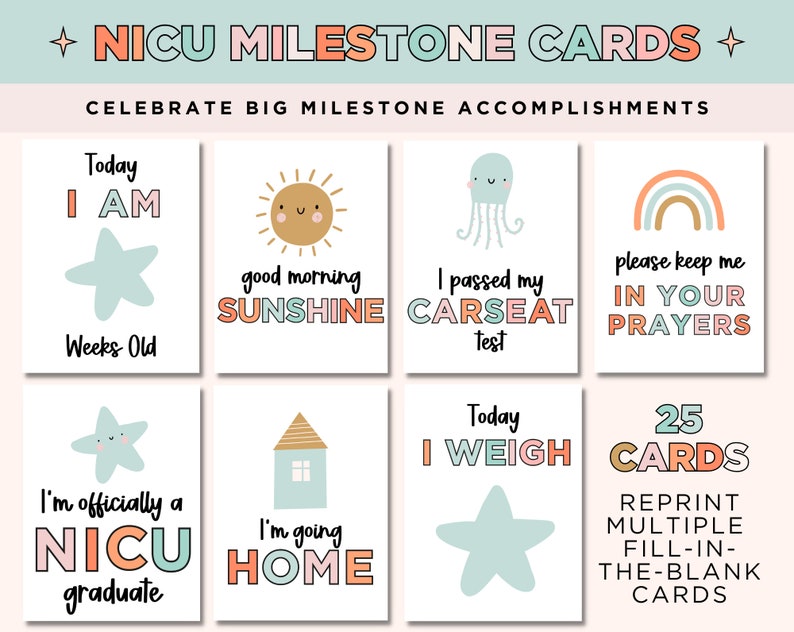NICU Milestone Cards, Nicu Photo Prop Cards, Nicu Crib Cards, Preemie ...