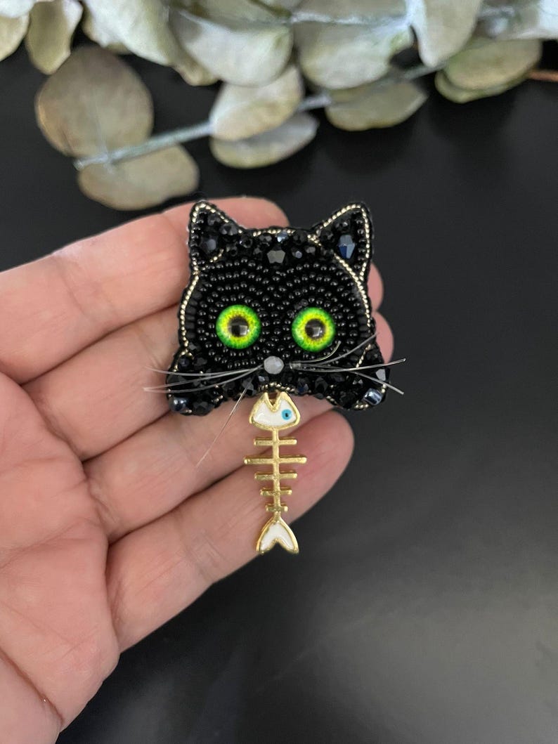 Handmade Black Cat Brooch, Cute Cat Brooch, Funny Pin, Animal Brooch ...