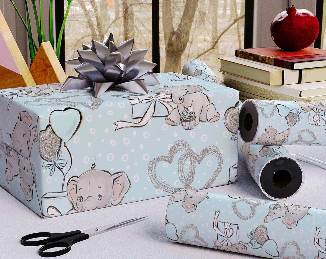 Blue Elephant Wrapping Paper, Baby Shower Wrapping Paper, Baby Boy Gift ...