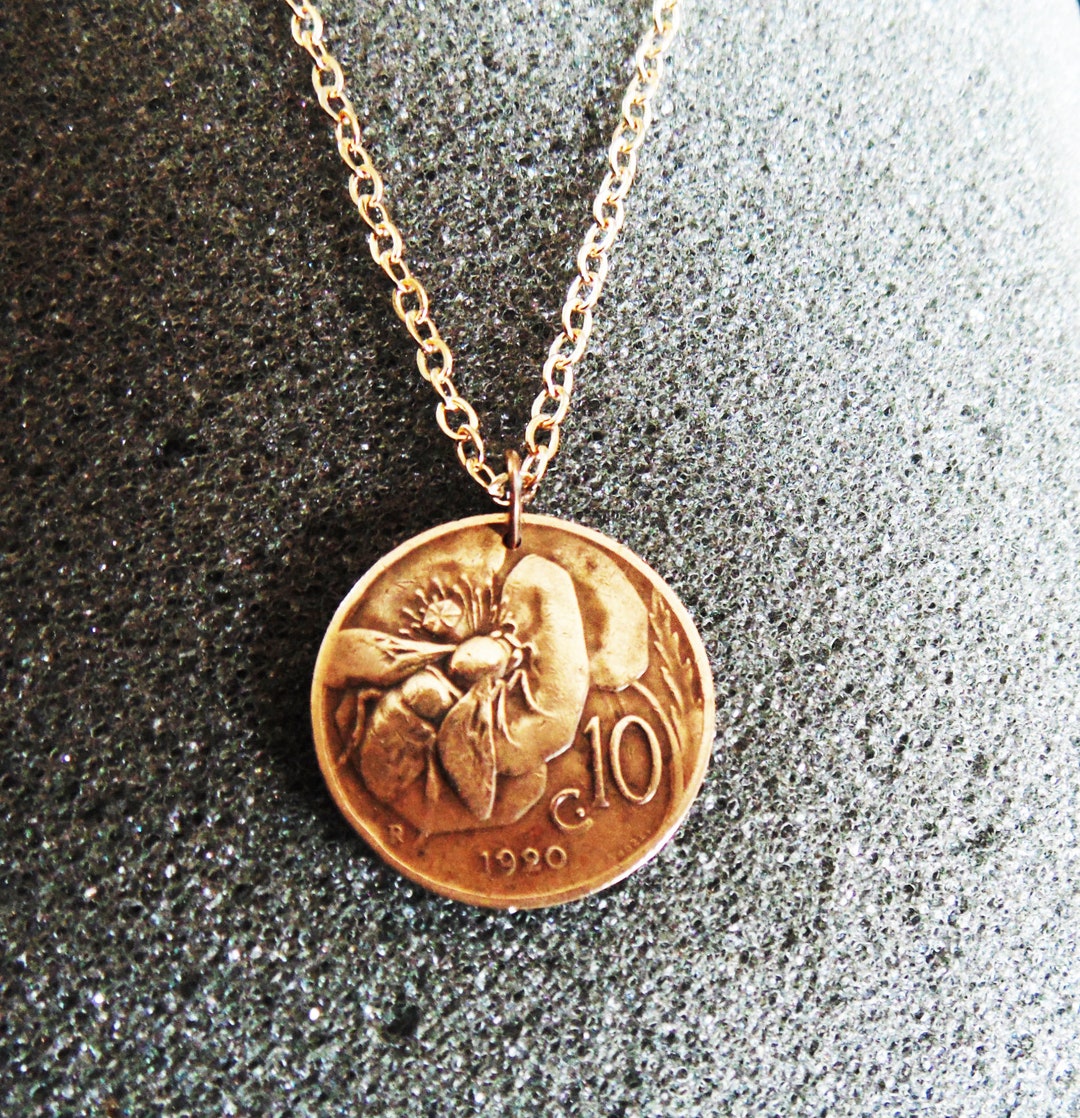 Honey Bee Necklace on Flower With Italian Copper Coin, Pendant 1919 ...