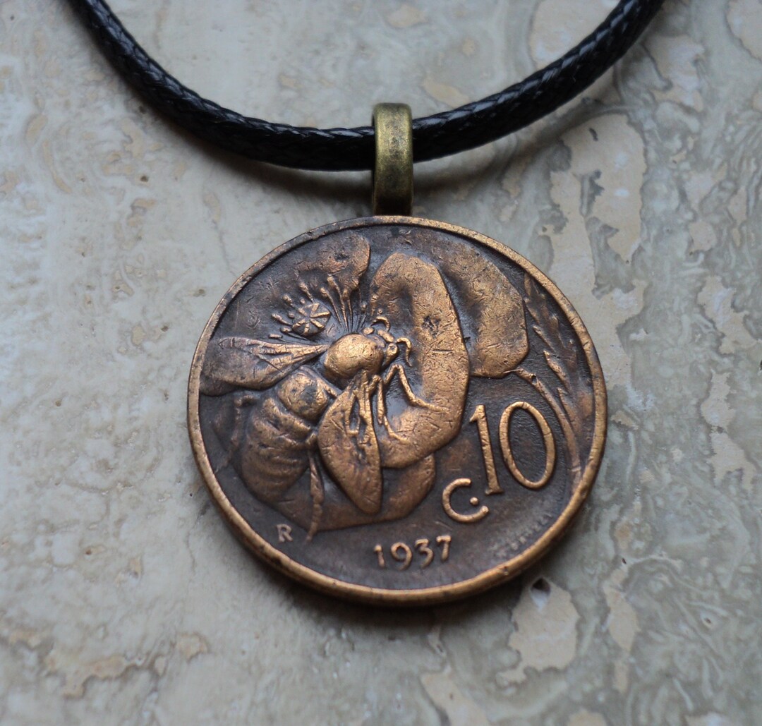 Necklace Honey Bee on Flowers Coin Kingdom Italy Vintage Coin 10 Cents ...