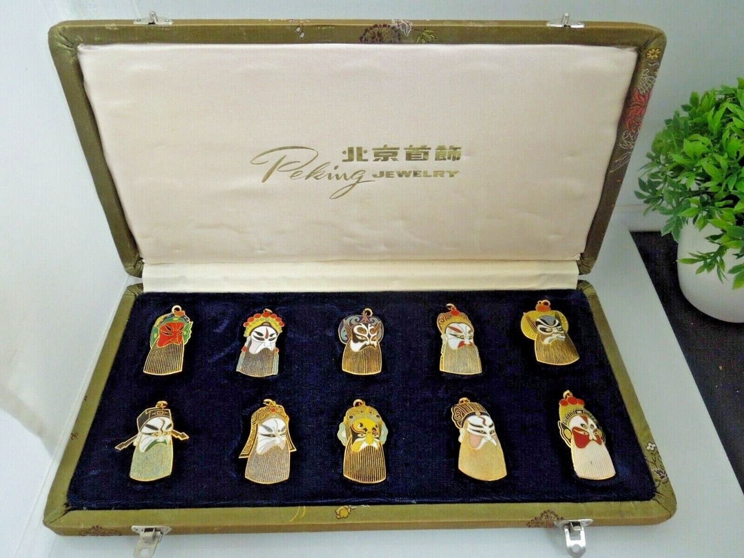 R428 Vintage Enamel Chinese Opera Mask Peking Jewelry Pendant Gold Tone ...
