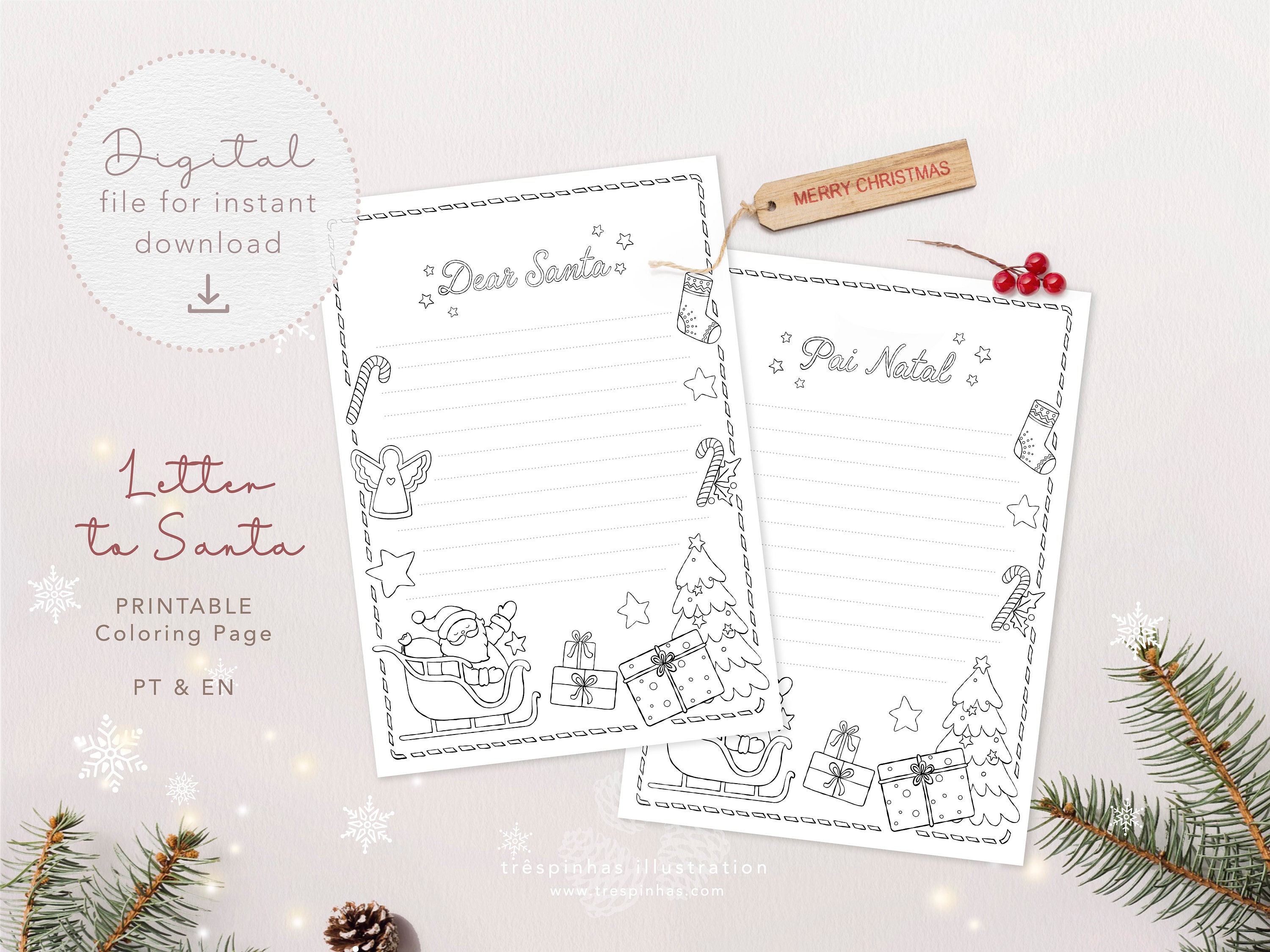 Kids Letter to Santa Printable Coloring Page, Instant Download Letter ...