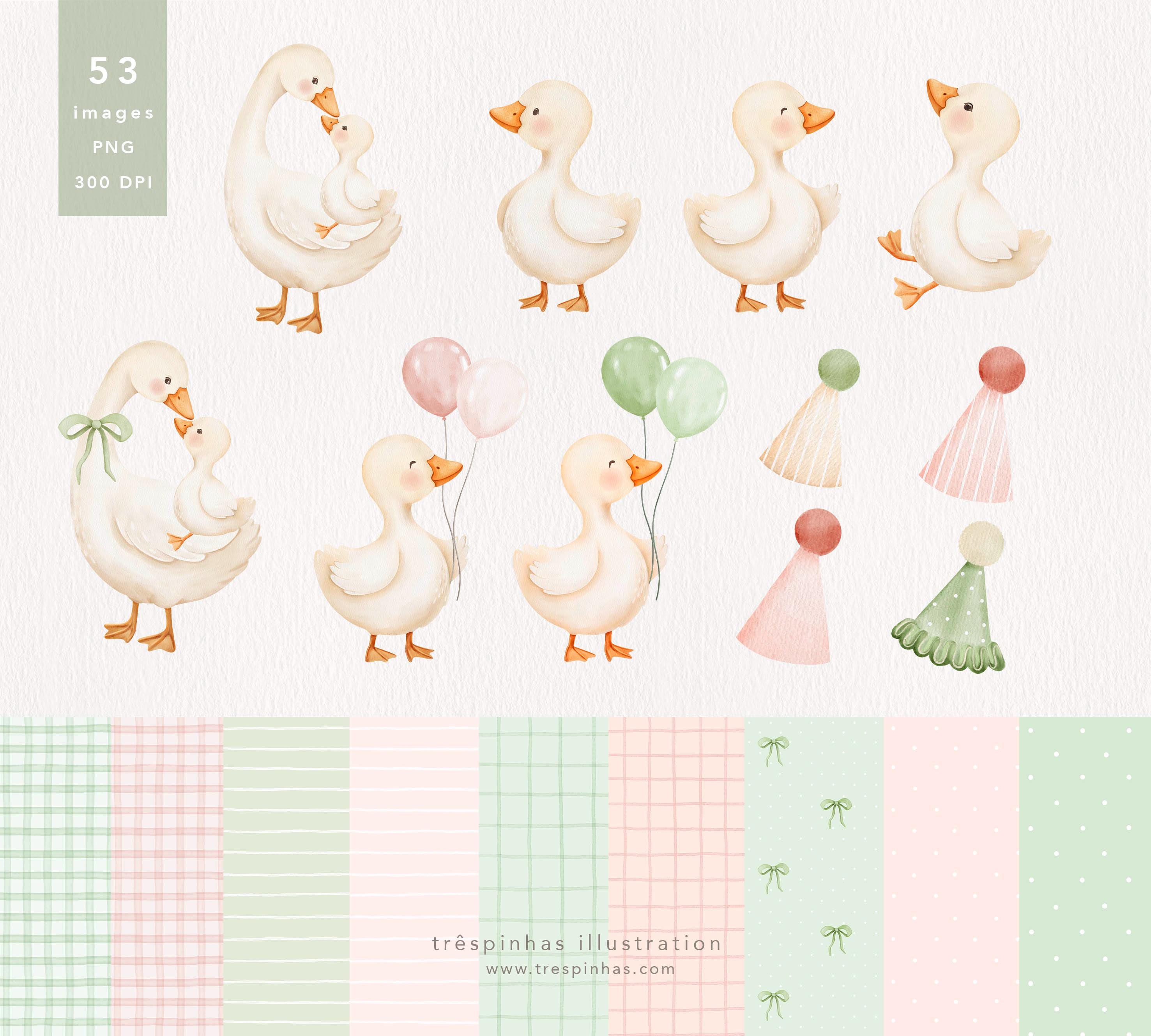 Cute Silly Goose Spring Party Clipart, Watercolor Goose With Bows PNG ...