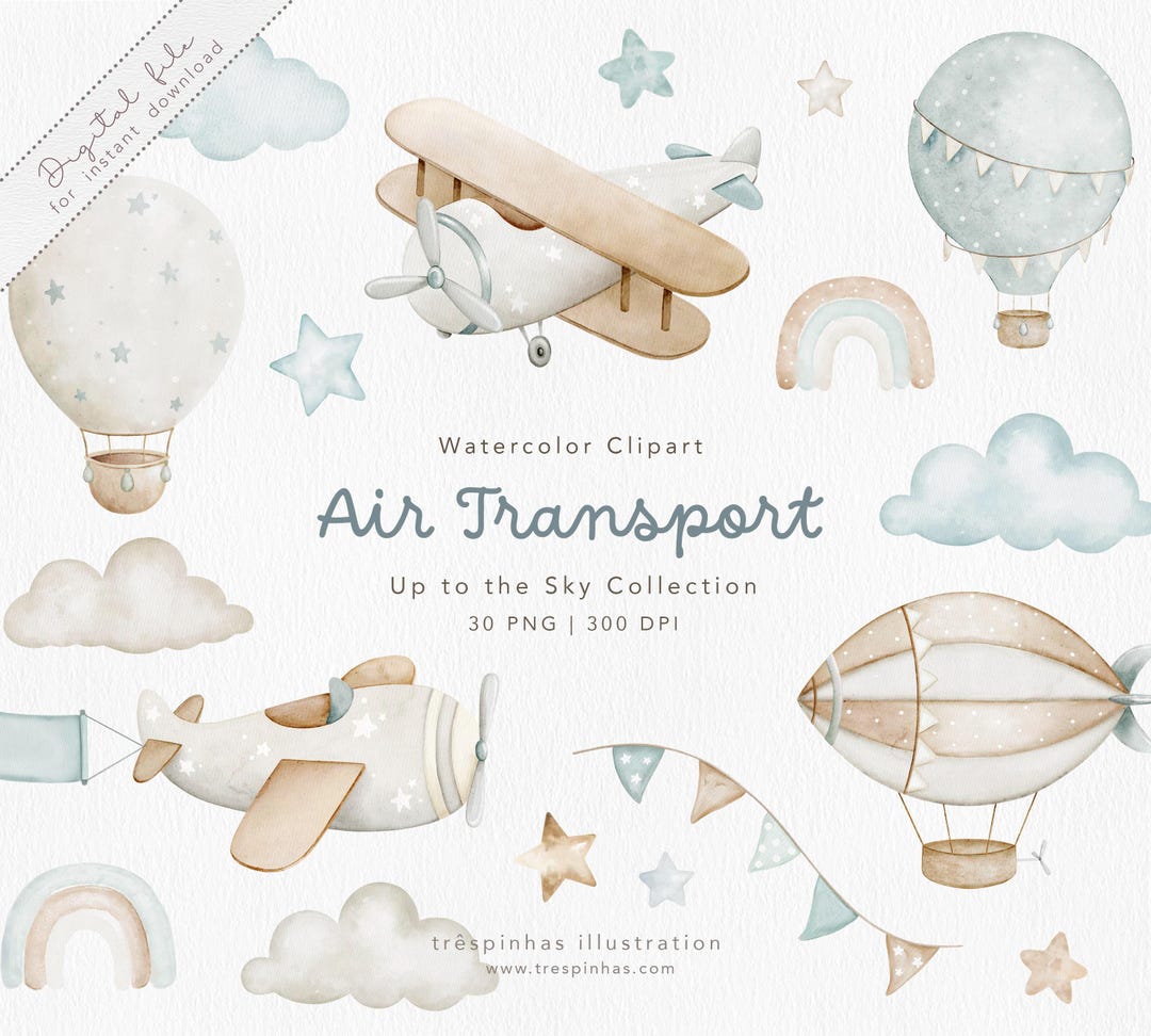 Air Transport Watercolor Clipart Set, Airplane Clipart, Baby Boy Wall ...